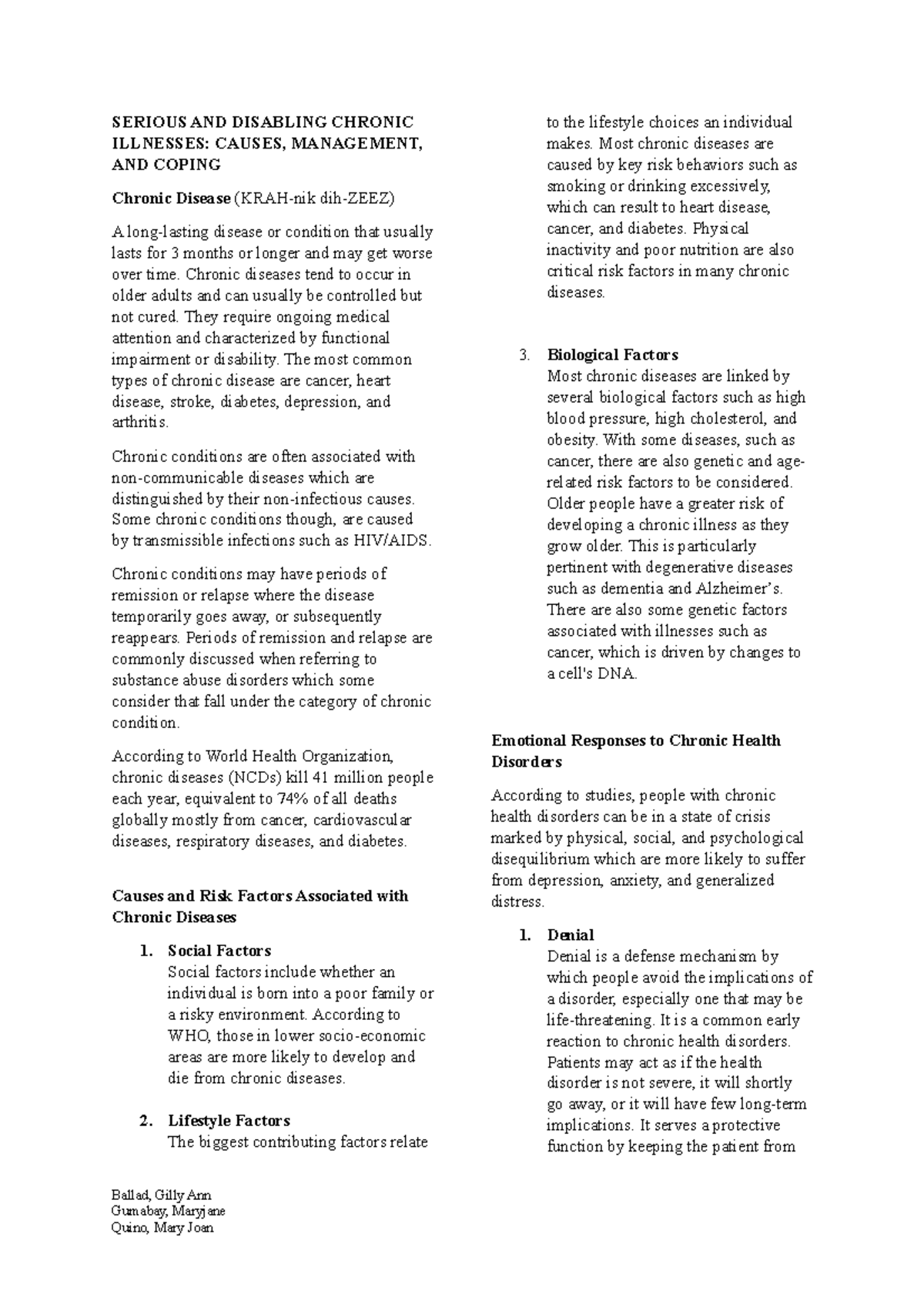 Chronic illness - SERIOUS AND DISABLING CHRONIC ILLNESSES: CAUSES ...