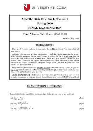 [Solved] what is important to read for math 190 final exam - Calculus I ...