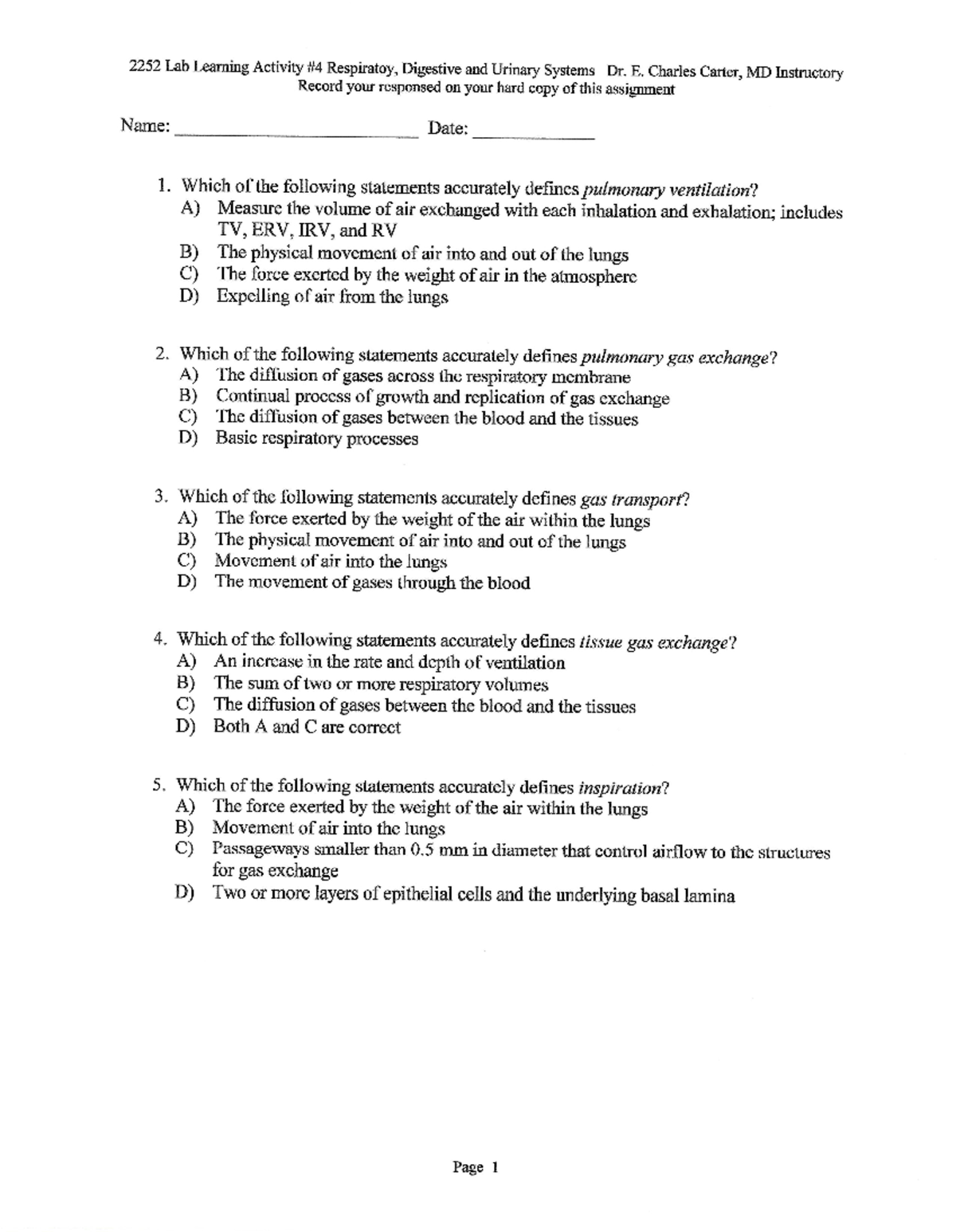 2252 Lab Learning Activity #4 Respiratory, Digestive and Urinary ...