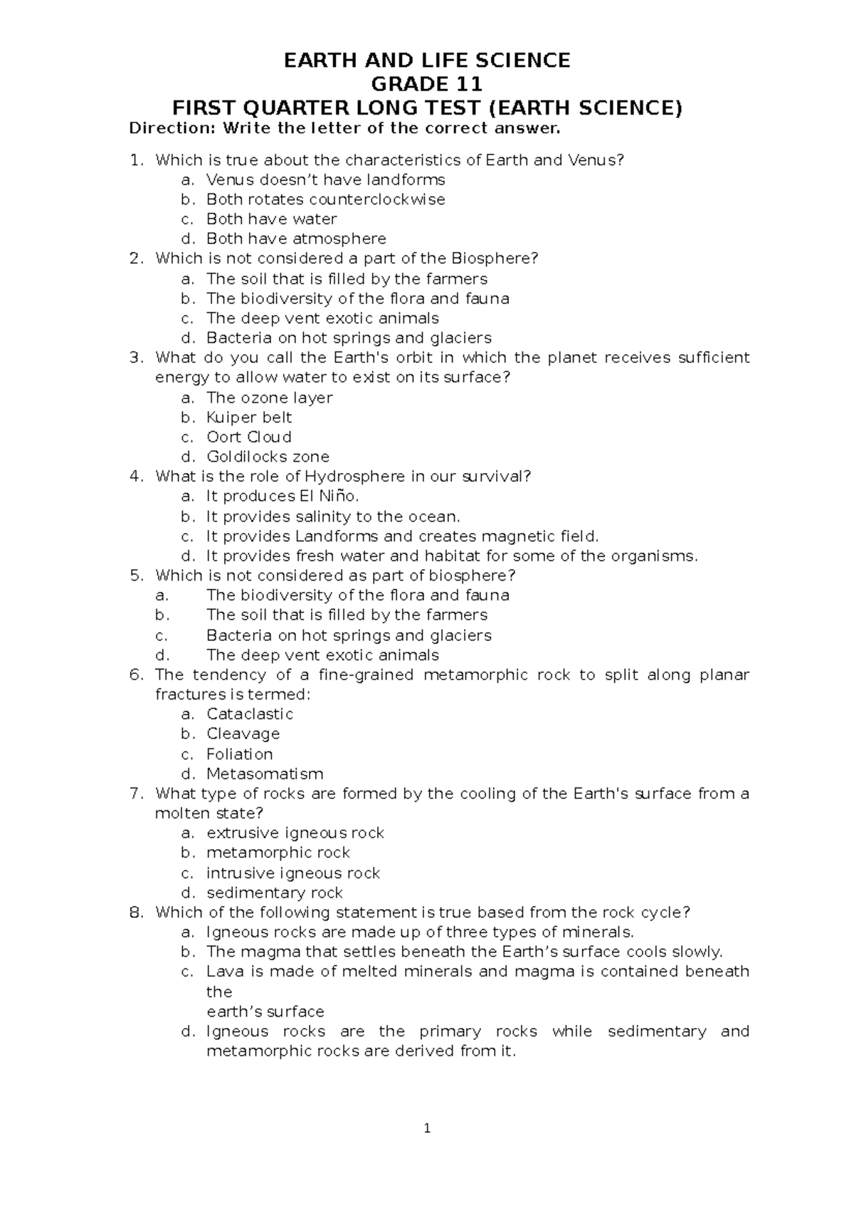 Earth and Life SCience Q1 Long Exam - EARTH AND LIFE SCIENCE GRADE 11 ...