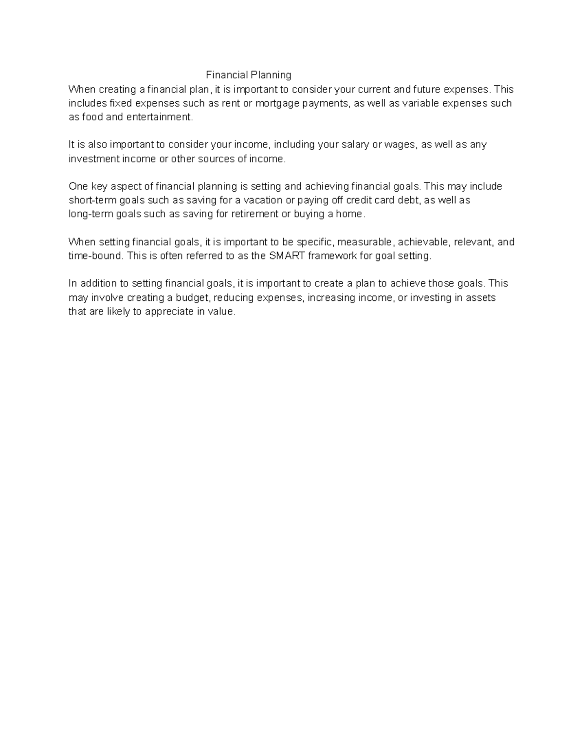 Financial Planning notes 5 - Financial Planning When creating a ...