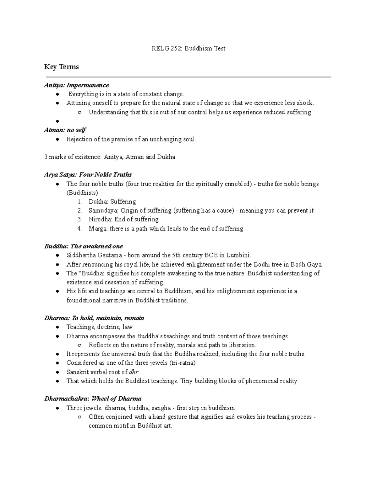 RELG 252 Buddhism Test - RELG 252: Buddhism Test Key Terms Anitya ...