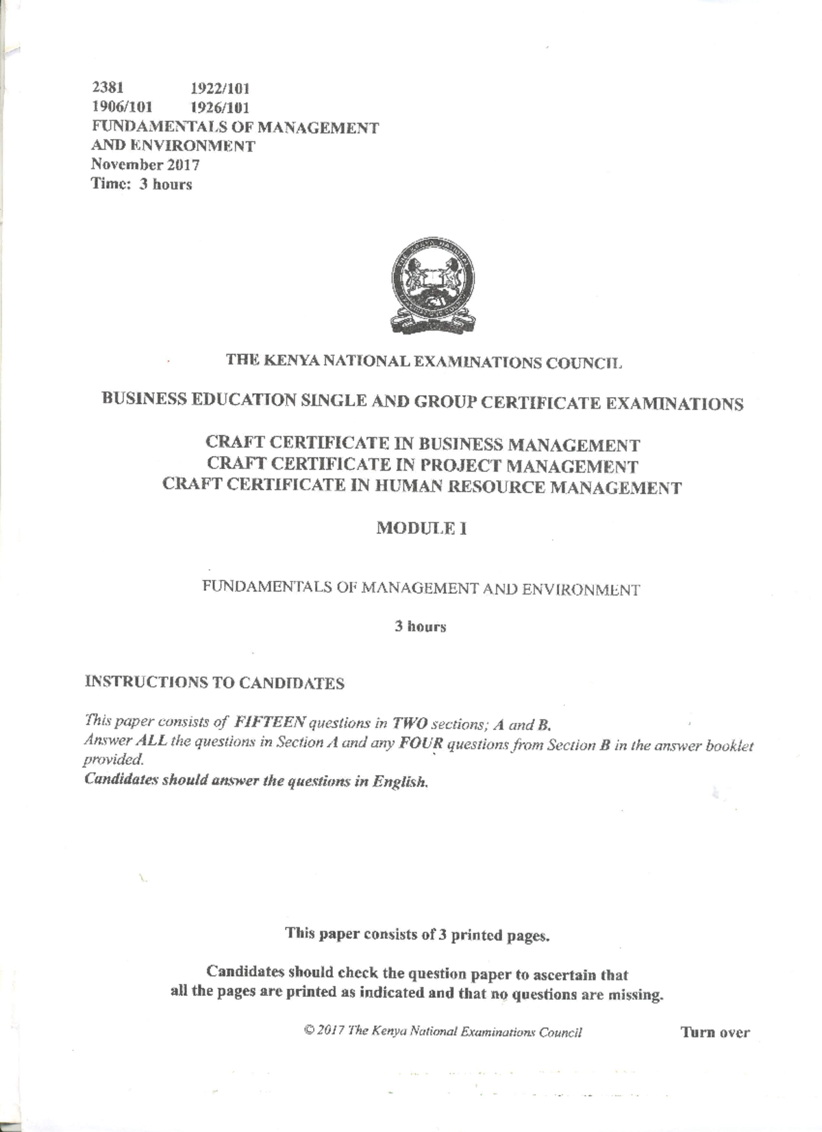 Fundamentals of Management and Environment Nov 2017 CBM - Business information technology - Studocu
