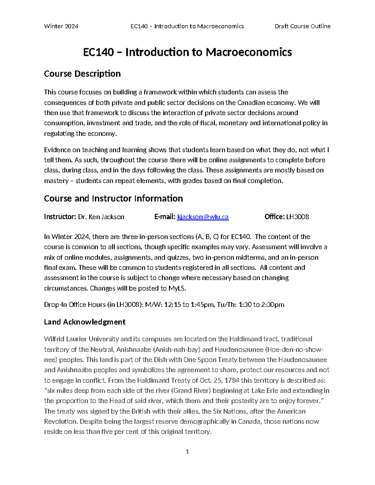 EC140 Course Outline - Winter 2024 - EC140 – Introduction to ...