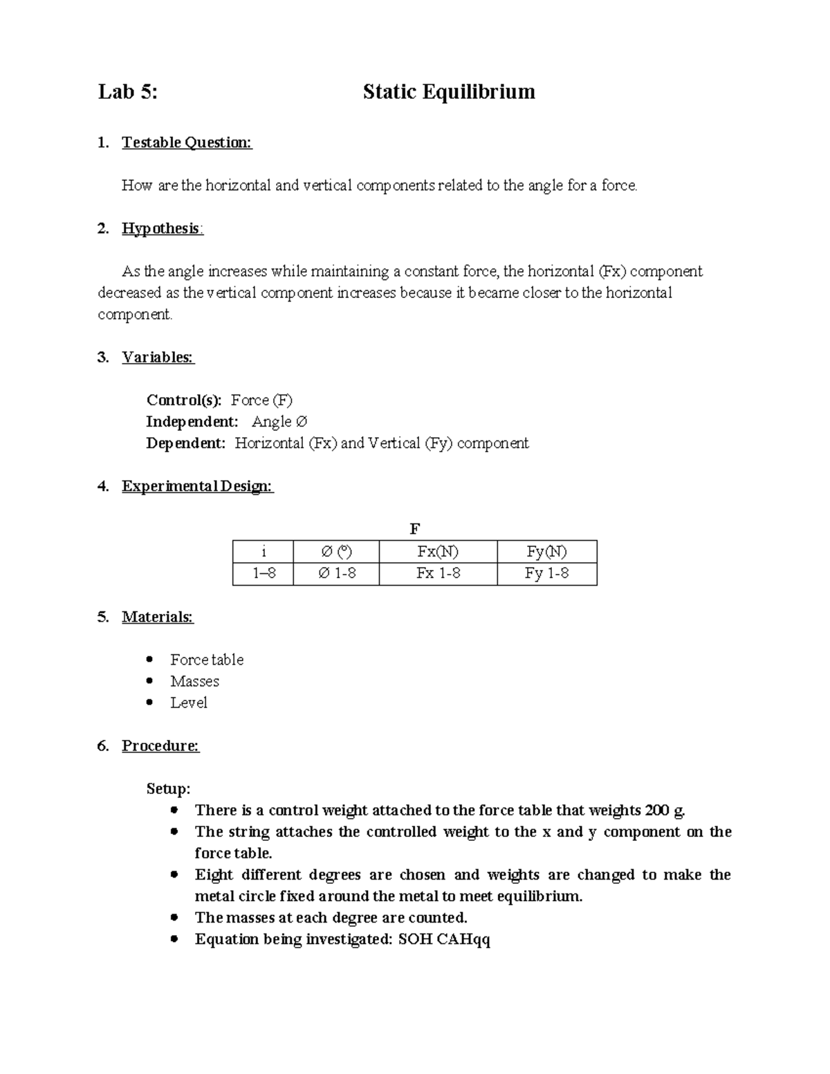 PHY111L Lab 5 Static equilibrium-Ava Enter - Lab 5: Static Equilibrium ...