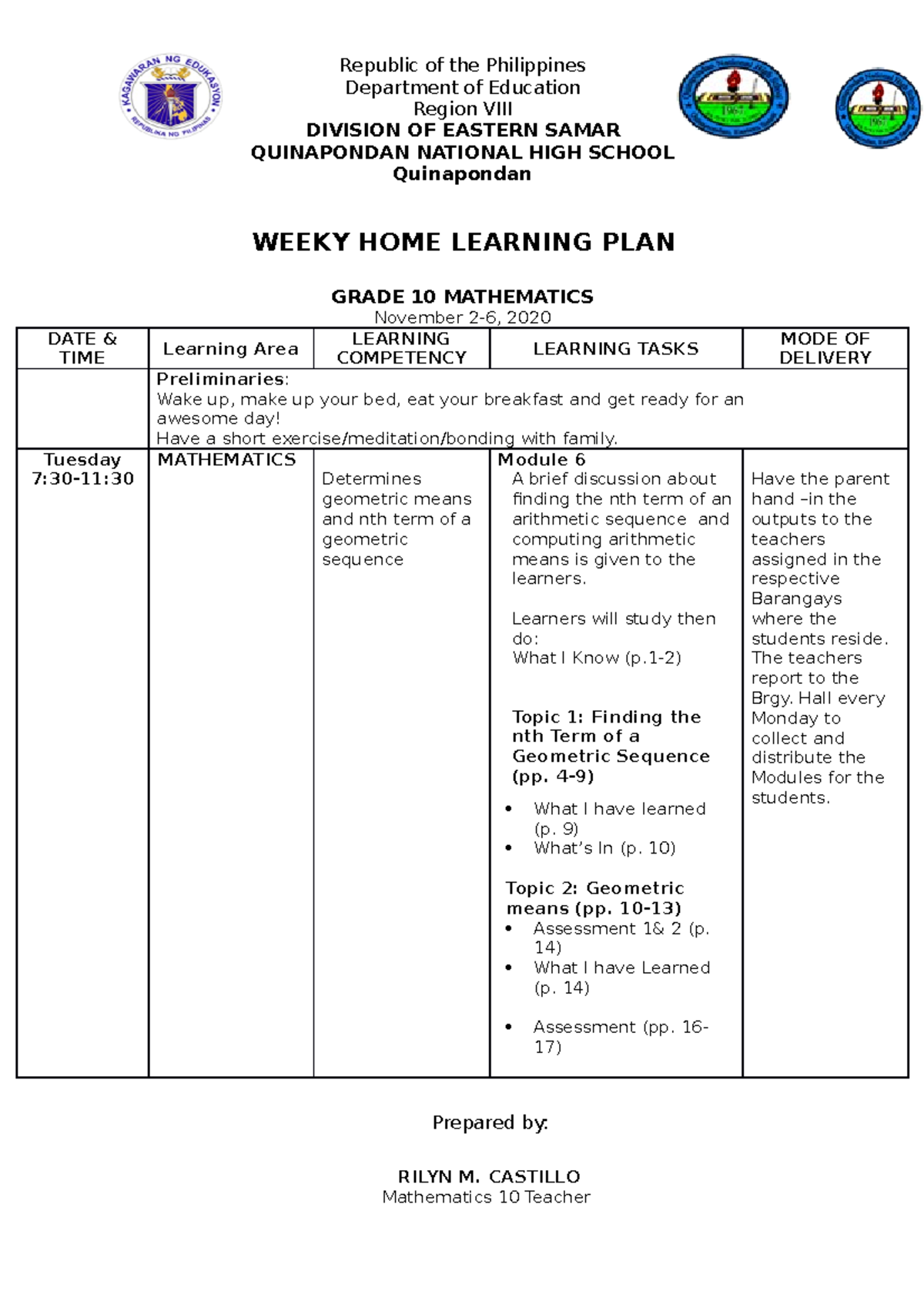 MATH Mod. 6 (WEEK 4) - Practice Material for Math 10 - Republic of the Philippines Department of ...