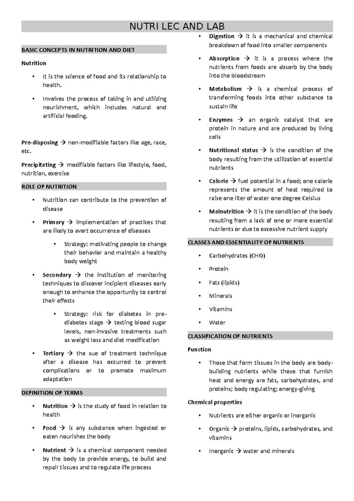 Nutri LEC AND LAB - BASIC CONCEPTS IN NUTRITION AND DIET Nutrition It ...