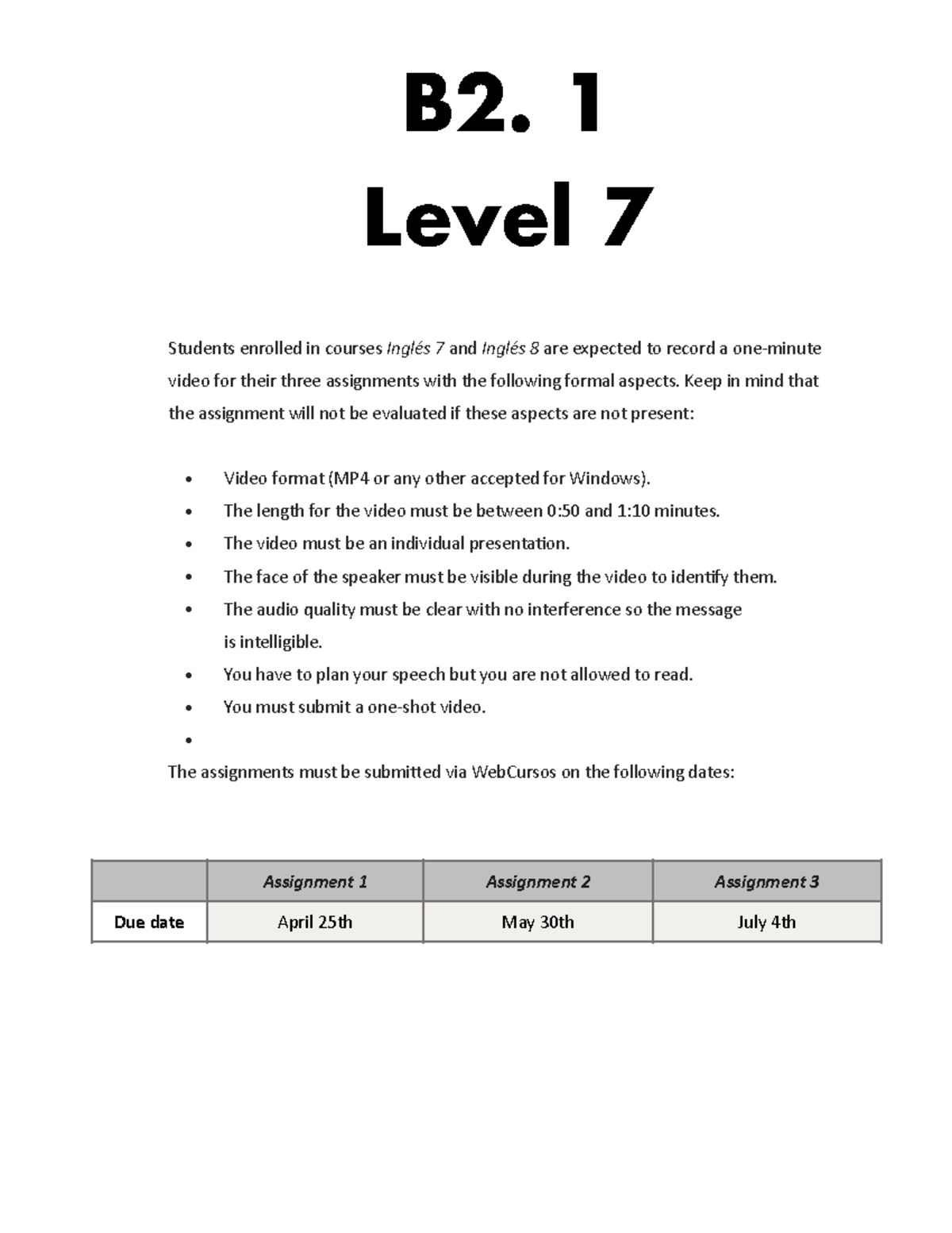Assignments (Summary) B2.1 (Inglés 7) - B2. 1 Level 7 Students enrolled ...
