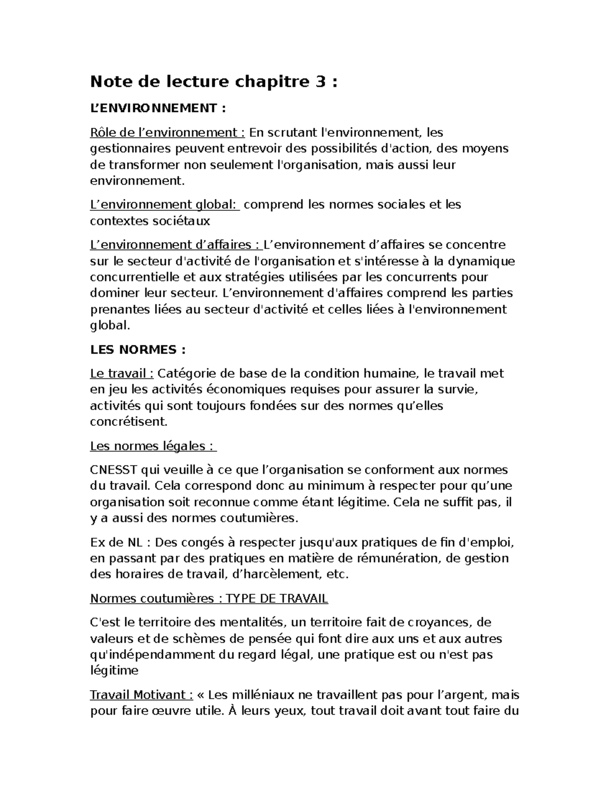 Note de lecture Management - Note de lecture chapitre 3 : L ...