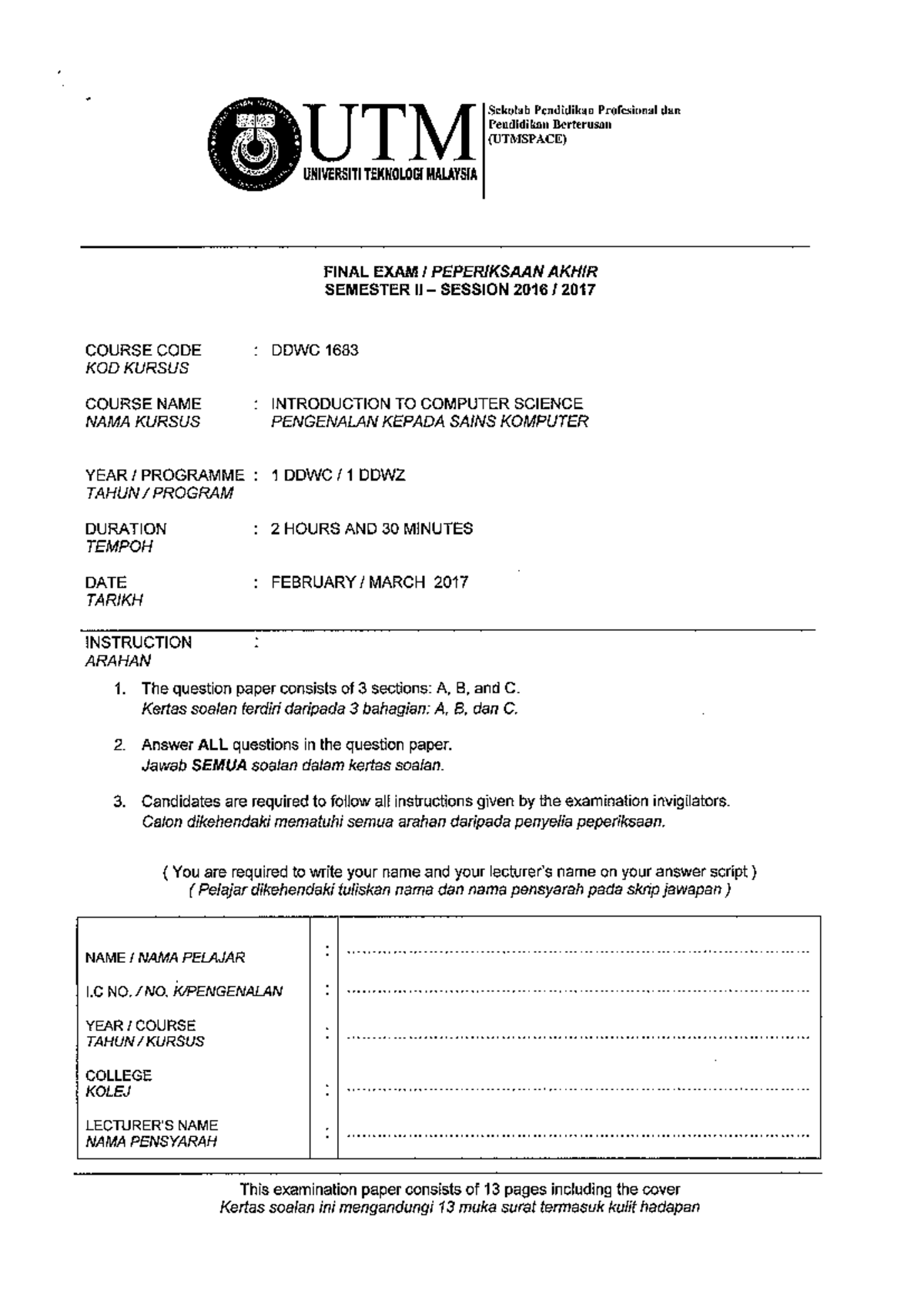 Final Examination Paper - Introduction to Computer Science - Studocu
