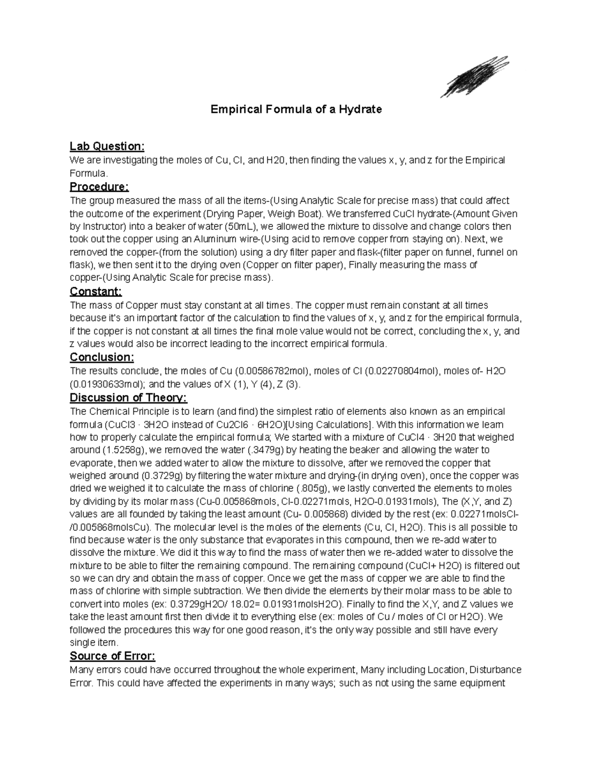 Empirical Formula of a Hydrate ( Formal LAB Report) - Ray S. Centeno 2 ...