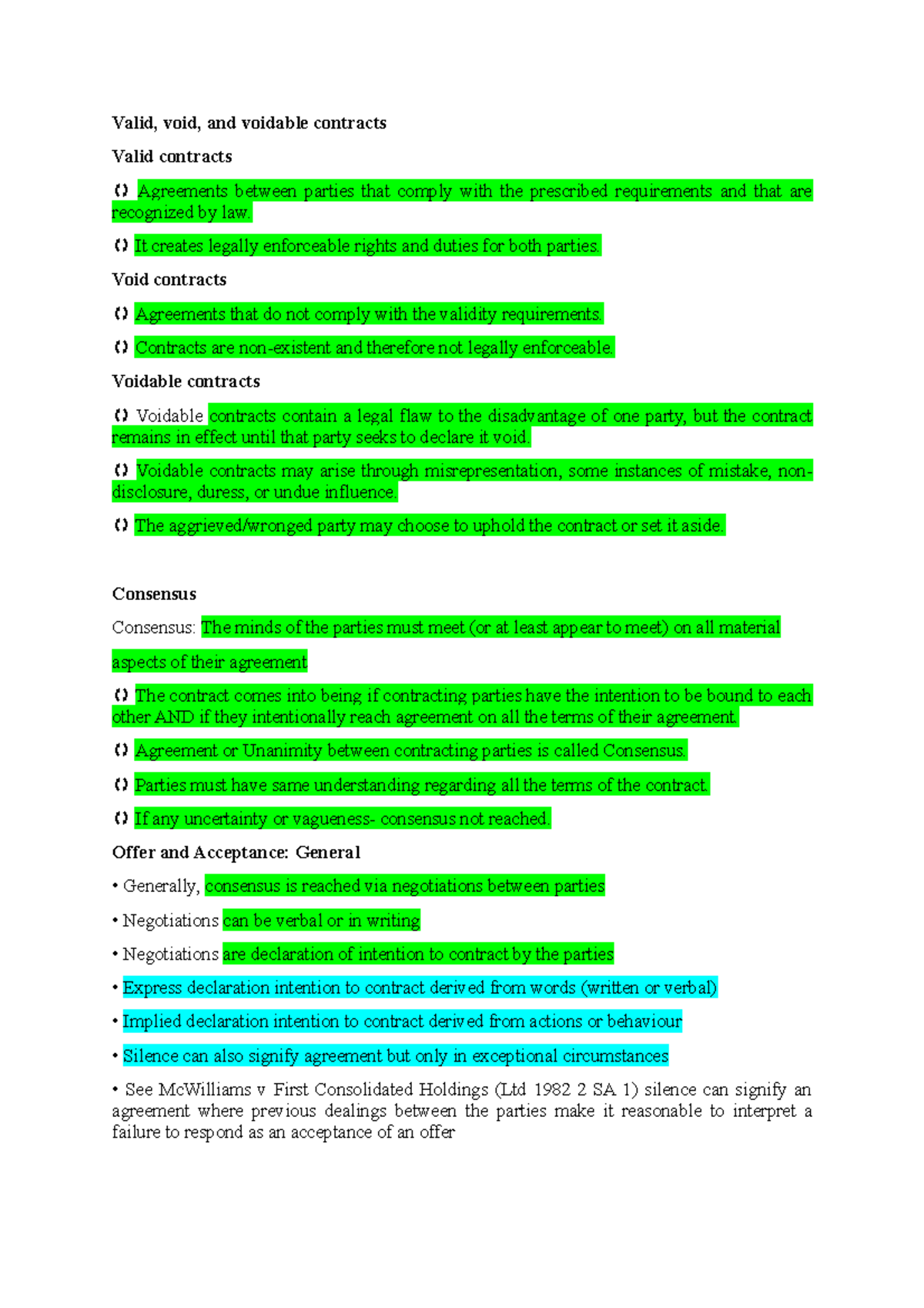 WEEK 2 Notes - Valid, void, and voidable contracts Valid contracts ...