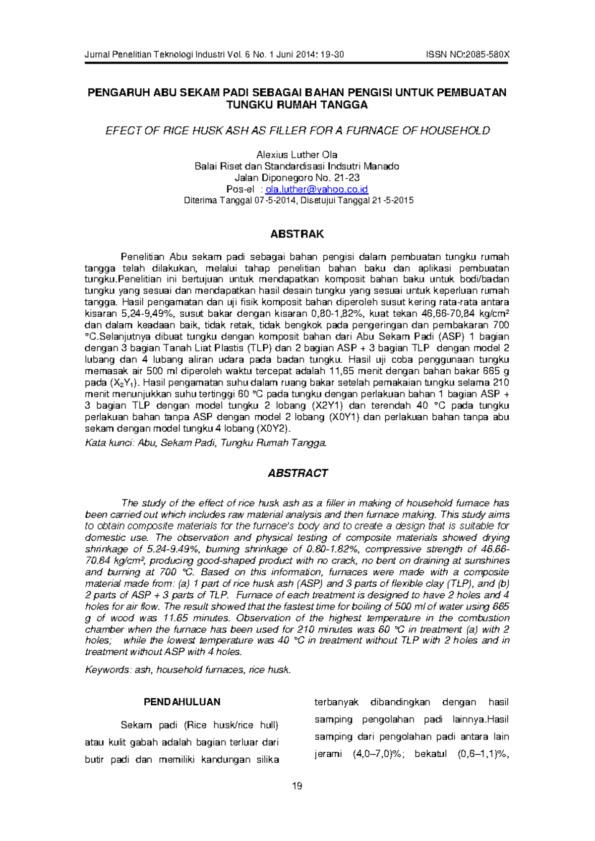 285993 pengaruh abu sekam padi sebagai bahan pe 628c6c34 - Jurnal Penelitian Teknologi Industri ...