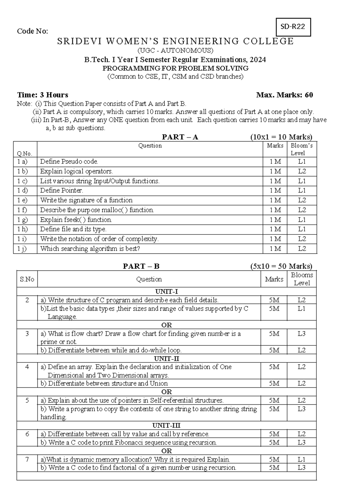 Pps(model paper 1) - Code No: S R I D E V I W O M E N ’ S E N G I N E E ...
