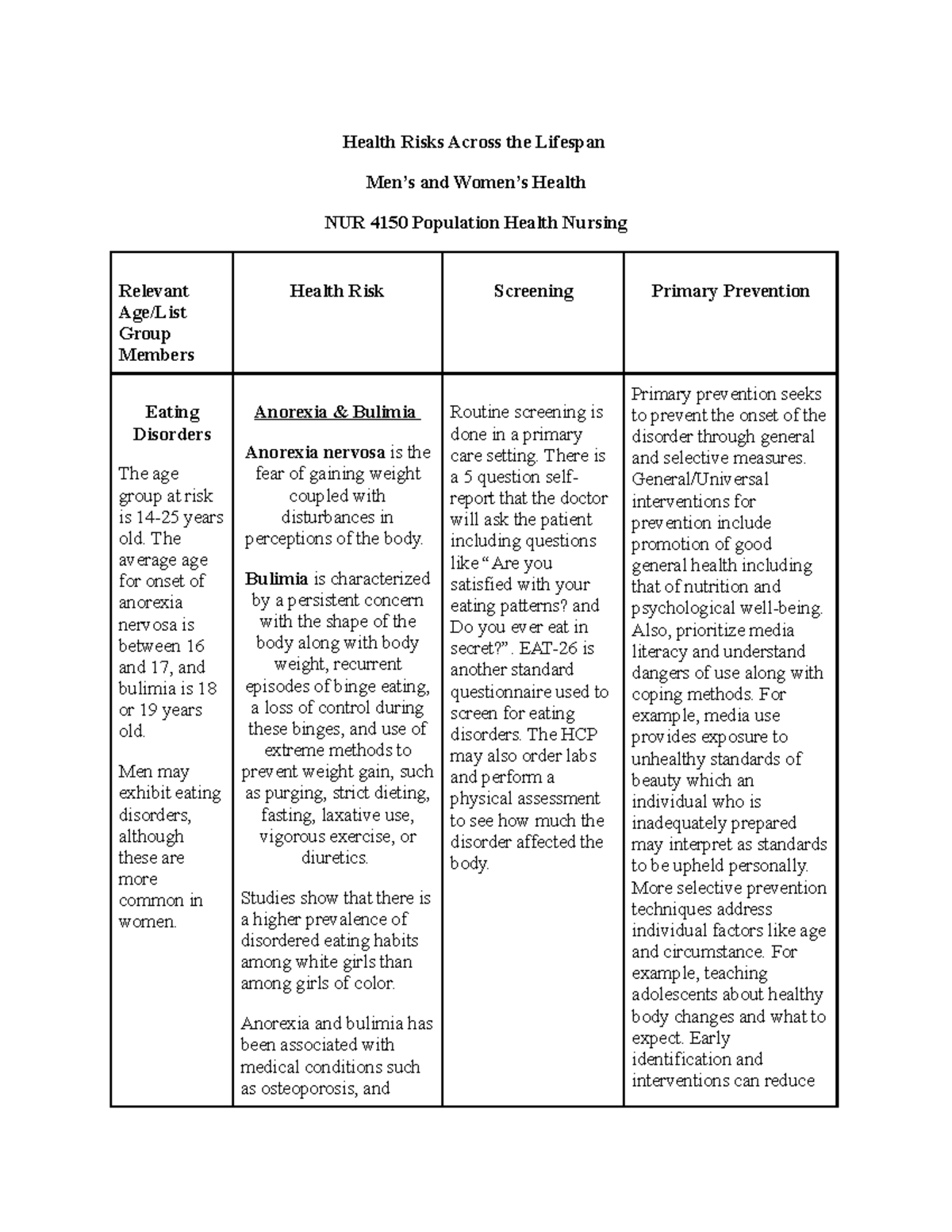 Lifespan-Supplementary Notes - Health Risks Across the Lifespan Men’s ...