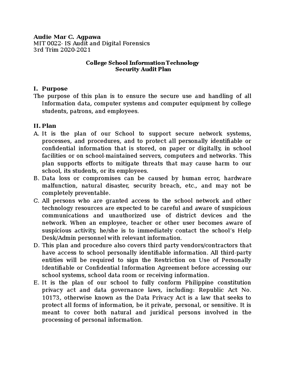 College School Information technology security Audit plan - IT for ...