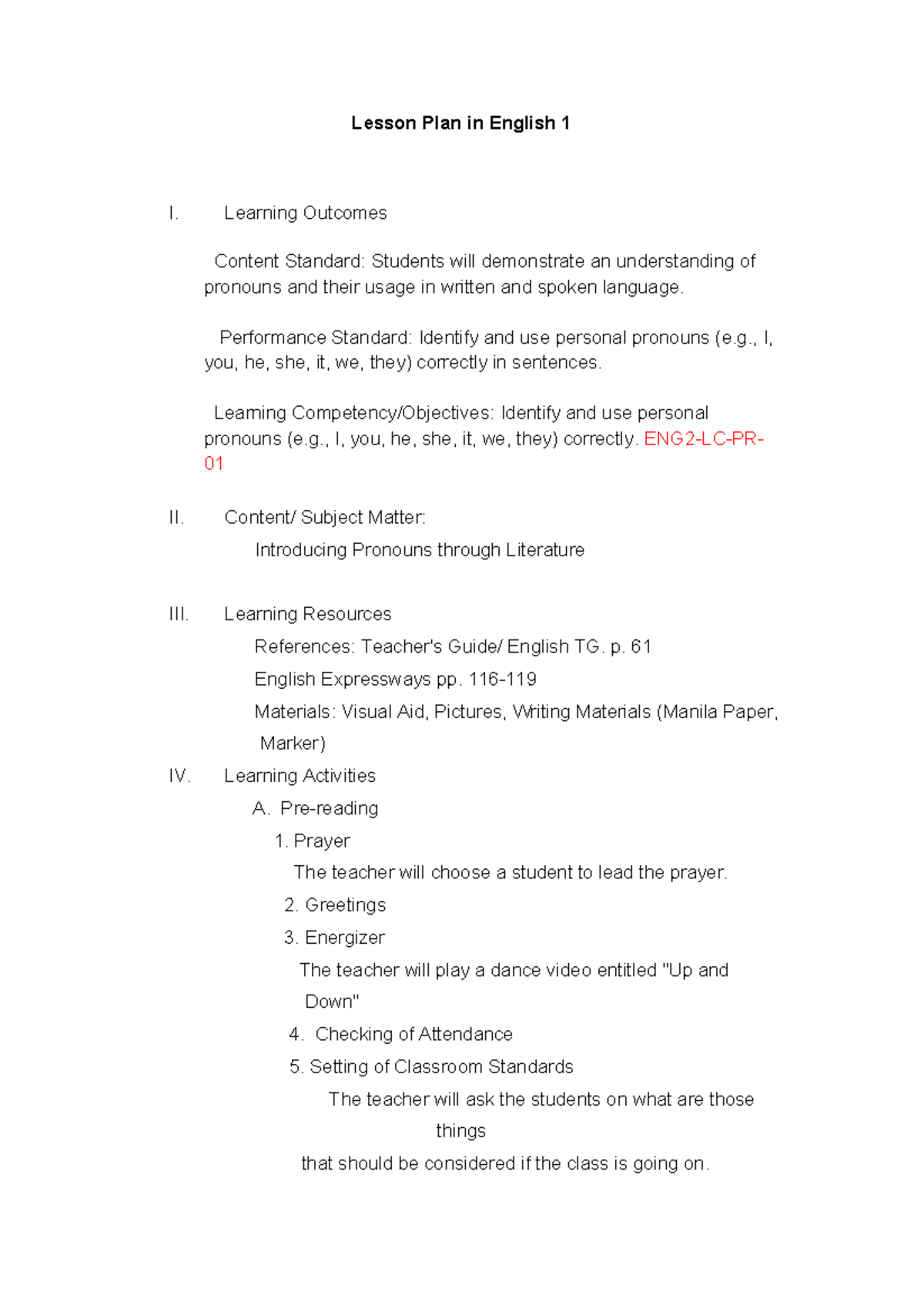 LP-English-DEMO (2) - Lesson Plan in English 1 I. Learning Outcomes ...