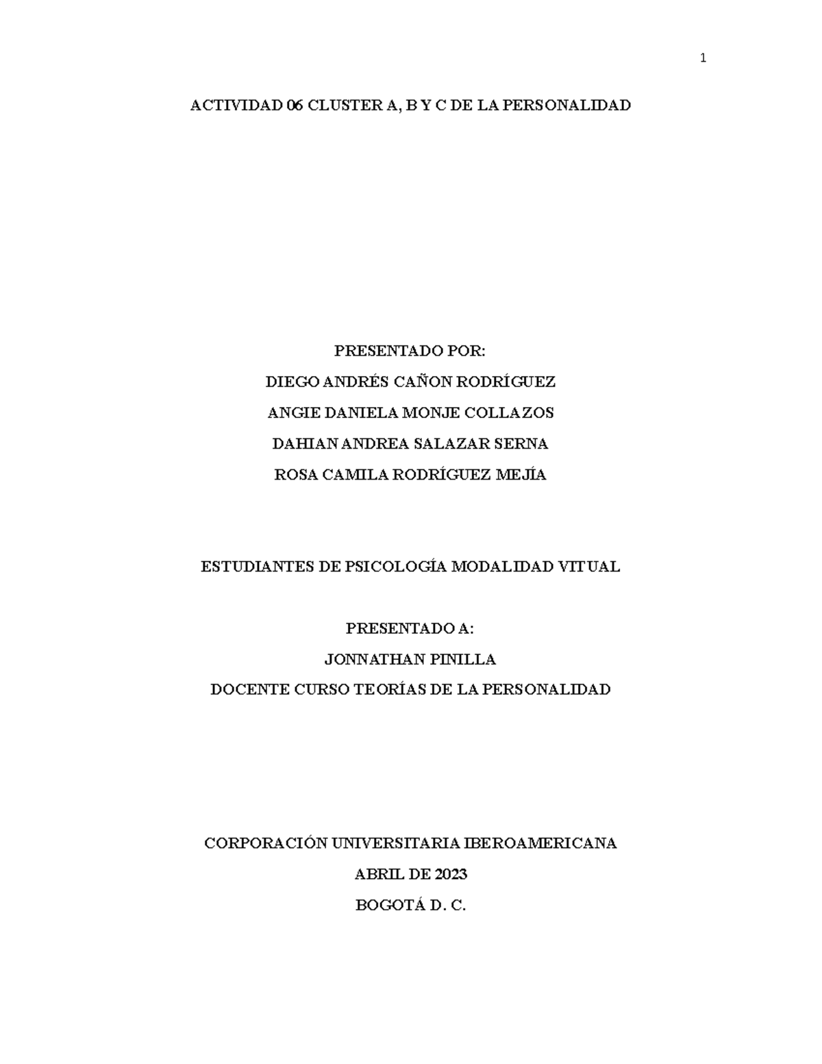 Cluster A, B Y C DE LA Personalidad - ACTIVIDAD 06 CLUSTER A, B Y C DE ...