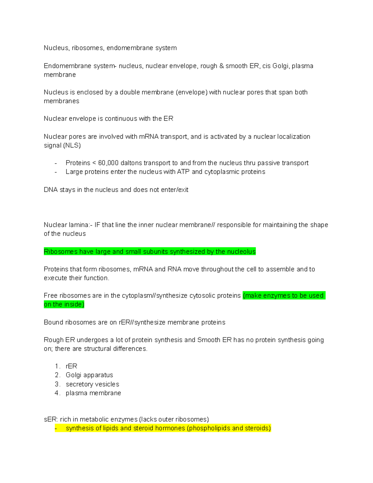 Bio Sci 93 10 11 - Lecture notes on Tro lecture - Nucleus, ribosomes ...