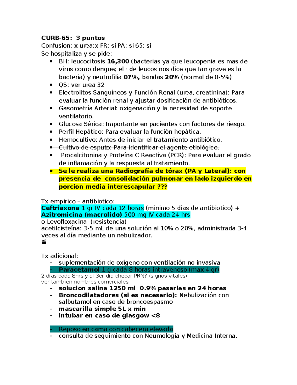 Plan - plan de SOAP - CURB-65: 3 puntos Confusion: x urea:x FR: si PA ...
