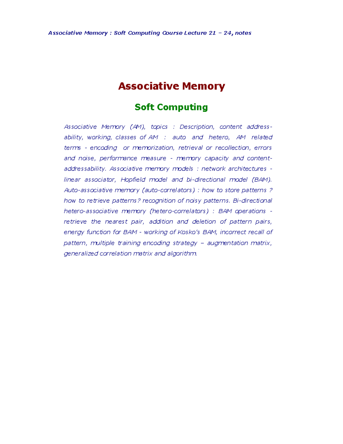 4-Com - Study Guide notes. with topics. - Associative Memory : Soft ...