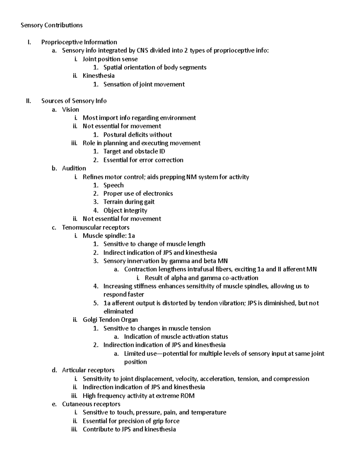 Sensory Contribution - Lecture notes 7 - Sensory Contributions I ...