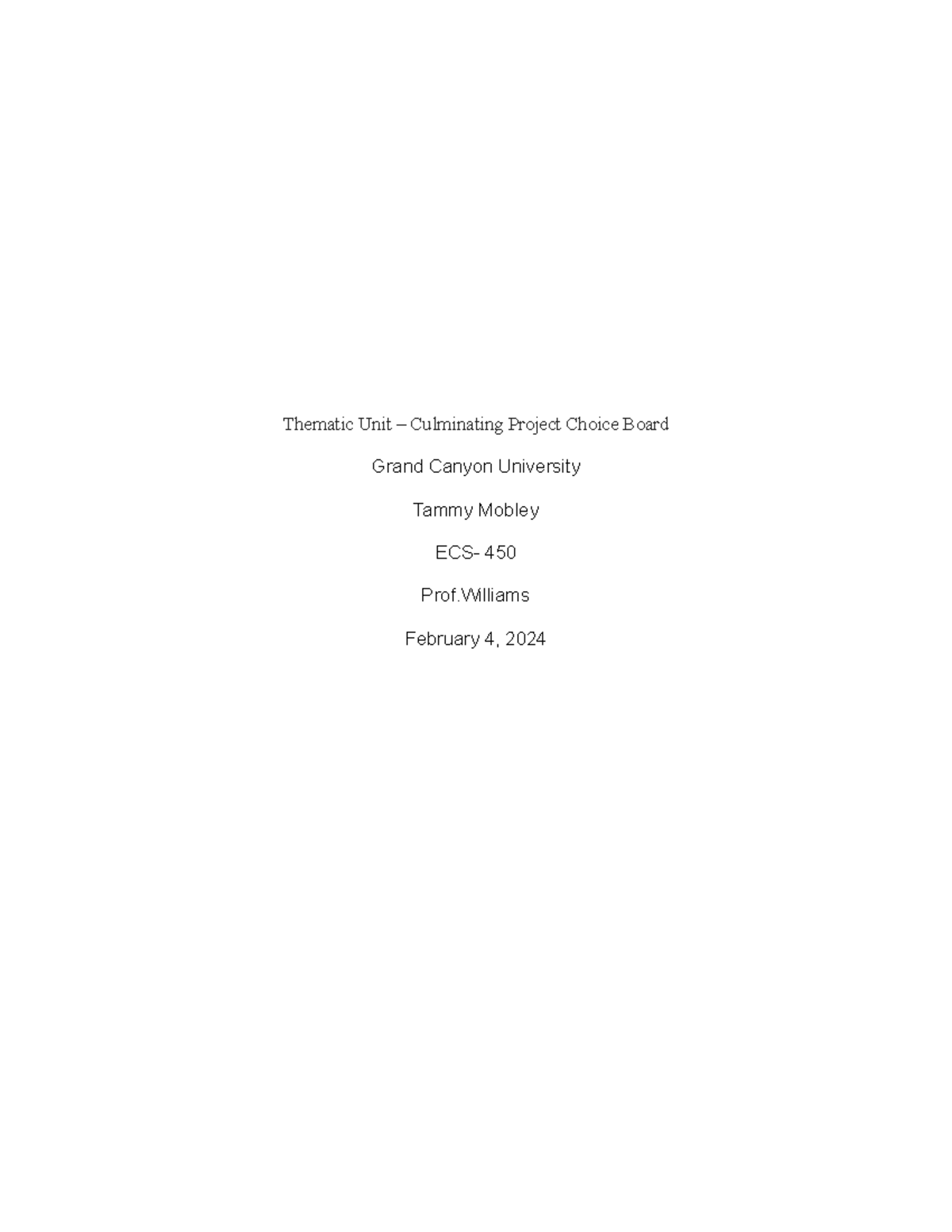 Thematic Unit – Culminating Project Choice Board - Specific Learning ...