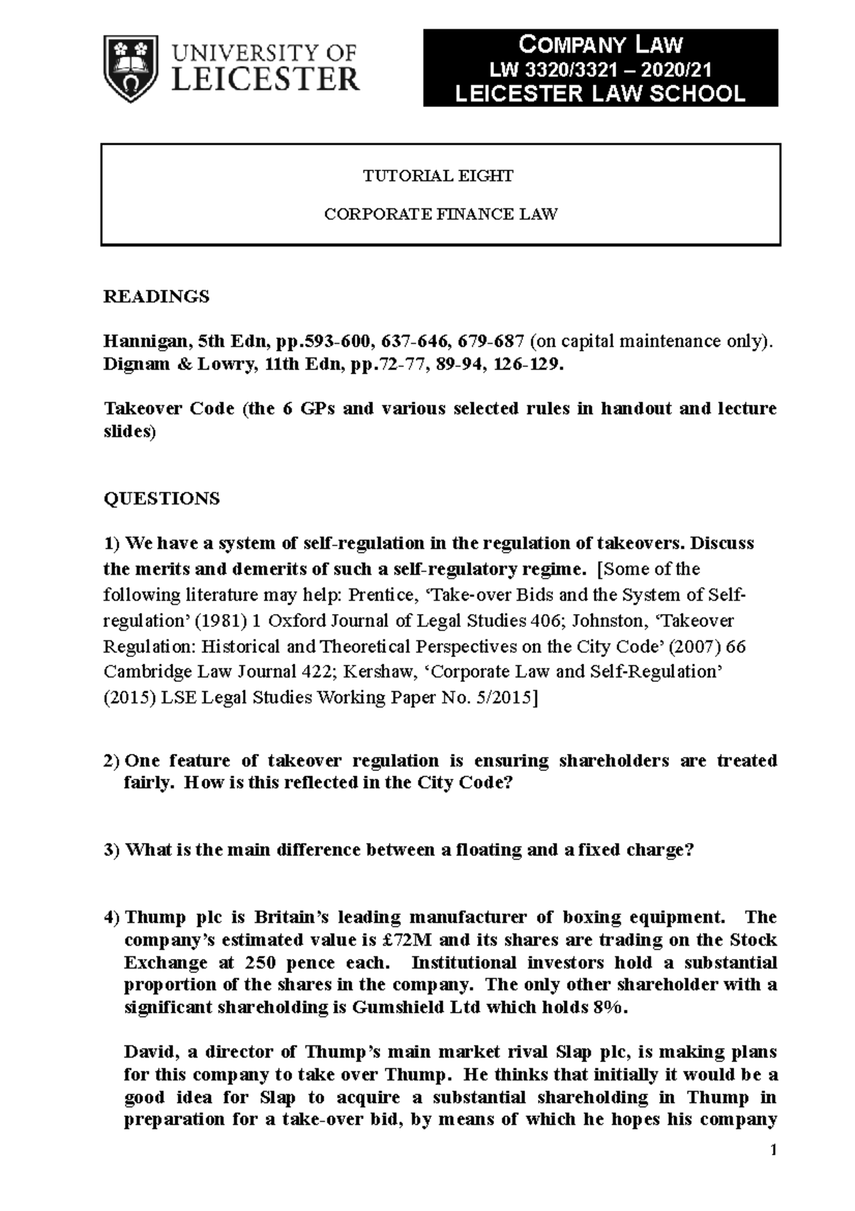 Company Law-Tutorial Sheet 8 2021 - TUTORIAL EIGHT CORPORATE FINANCE ...