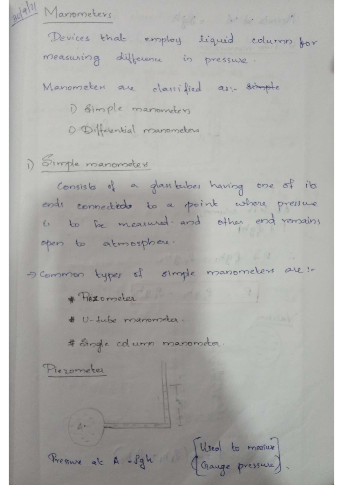 Fm sr notes - fluid mechanics nites - Manometers Devices that employ ...