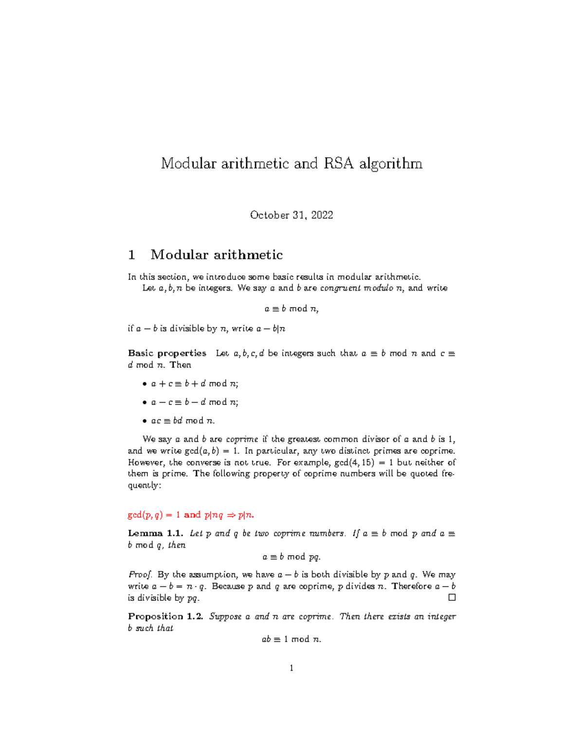 Secretcode - additional note from lecture note - Modular arithmetic and RSA algorithm October 31 ...
