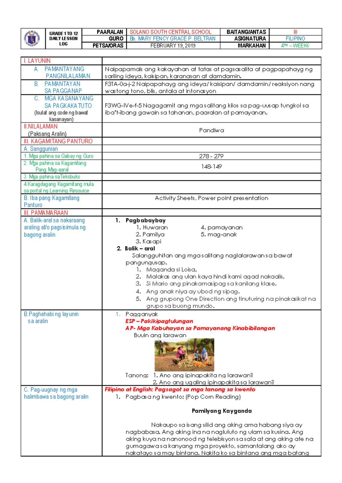 COT 3 Pandiwa Q4 - ass - GRADE 1 TO 12 DAILY LESSON LOG PAARALAN SOLANO SOUTH CENTRAL SCHOOL ...