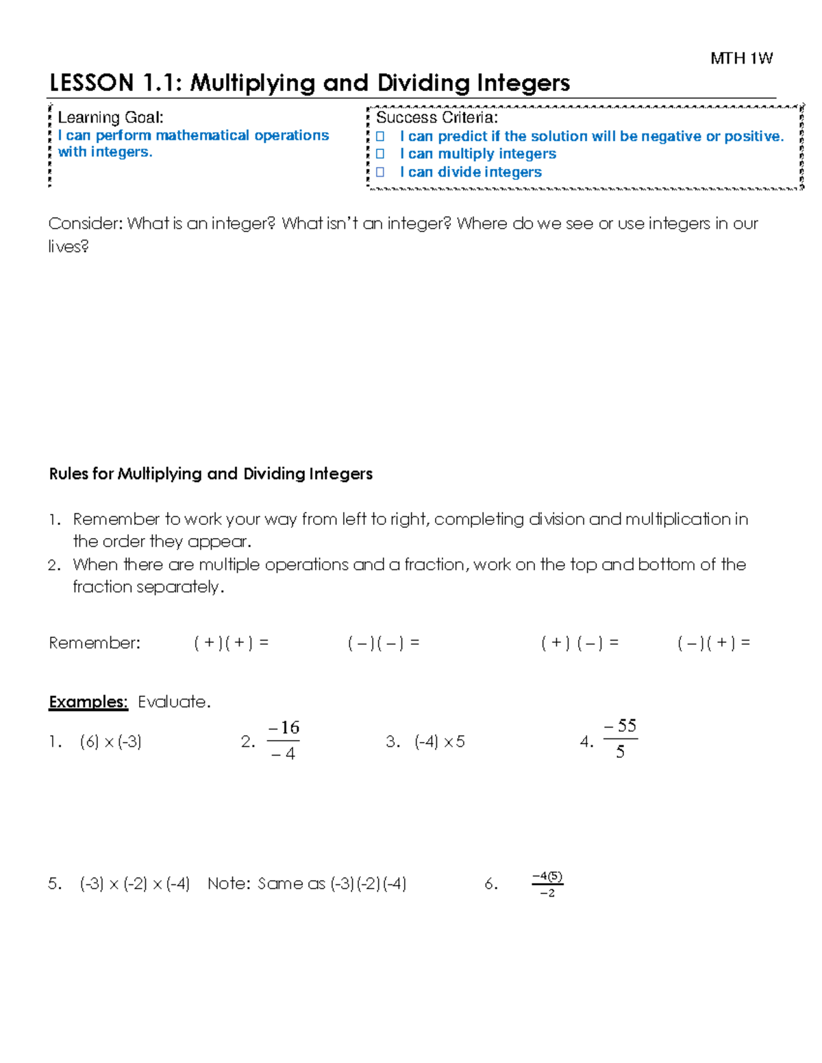 1.1 Multiplying and Dividing Integers - Remember to work your way from ...