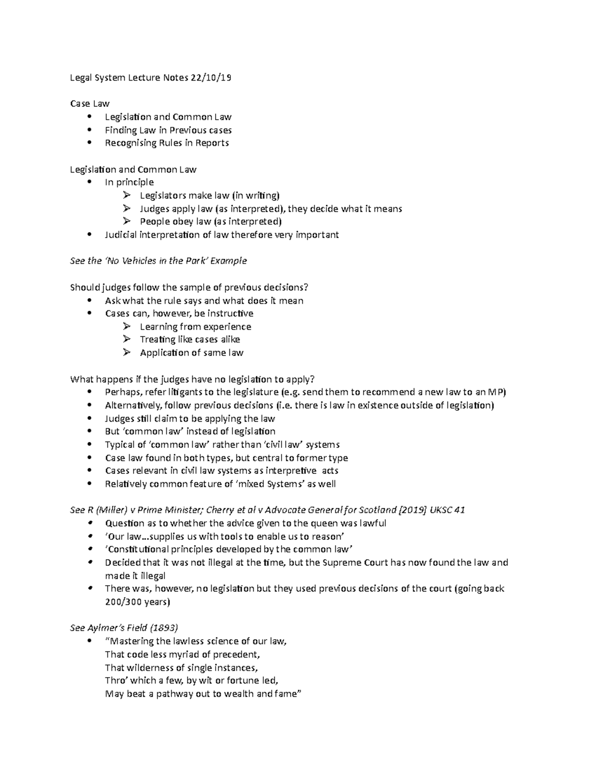 Case Law Lecture Notes 2019 - Legal System Lecture Notes 22/10/ Case ...