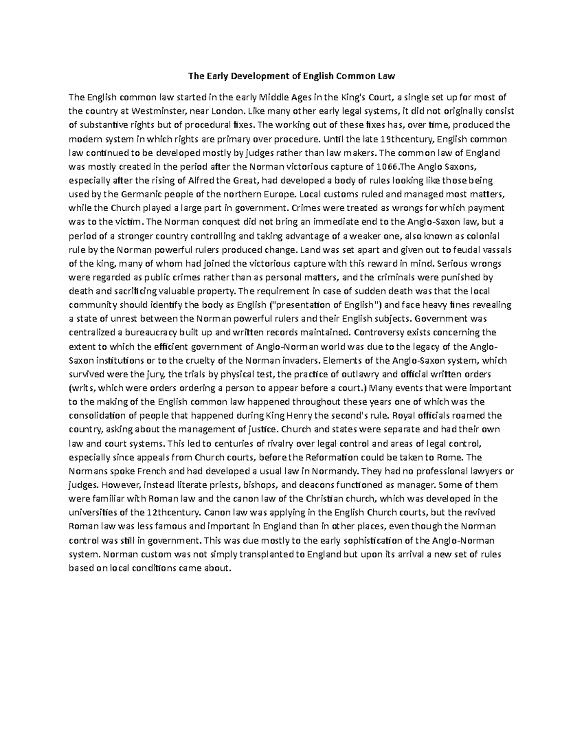 The Early Development of English Common Law - Like many other early ...