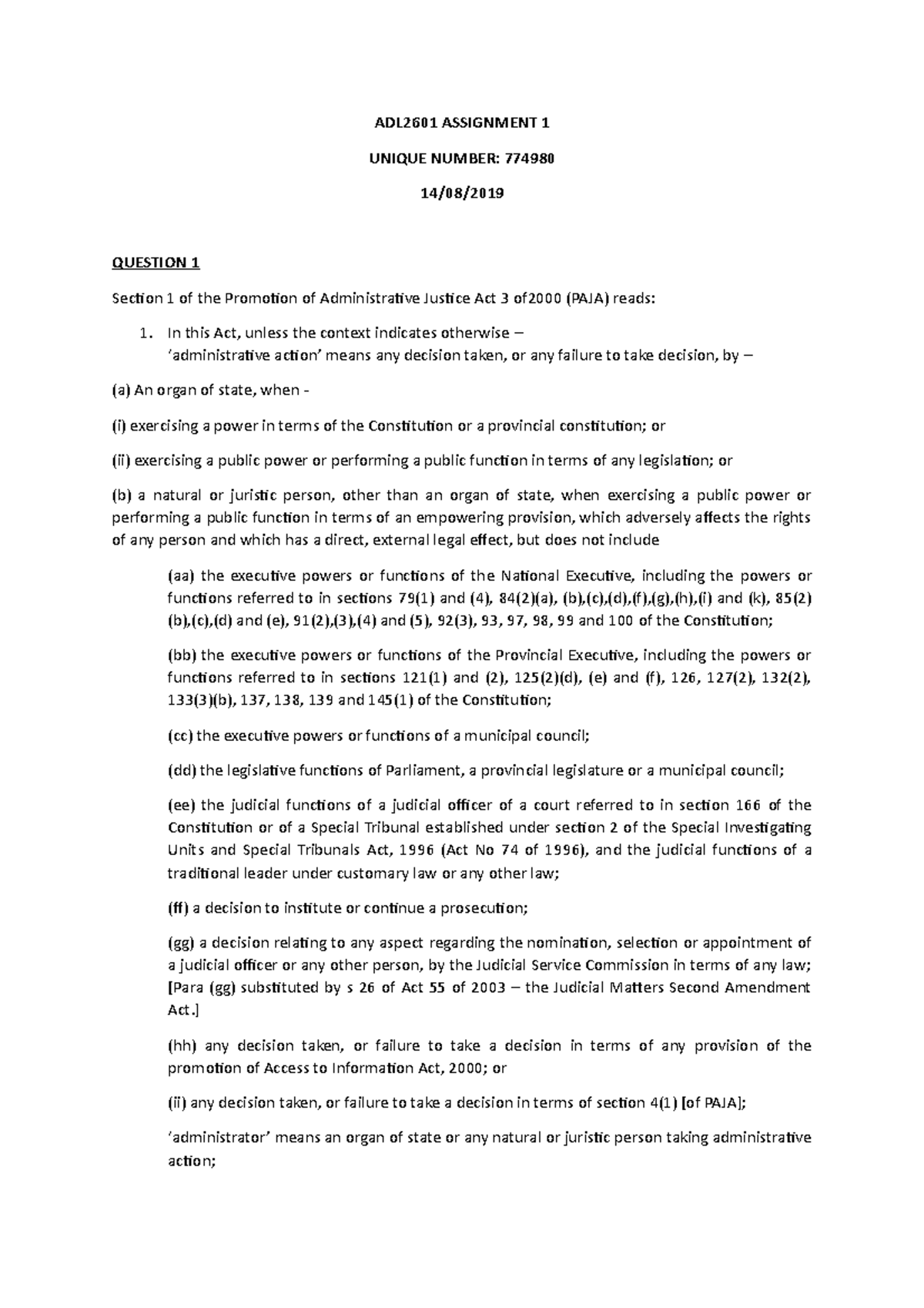 ADL2601 Assignment 1 - ADL2601 ASSIGNMENT 1 UNIQUE NUMBER: 774980 14/08 ...
