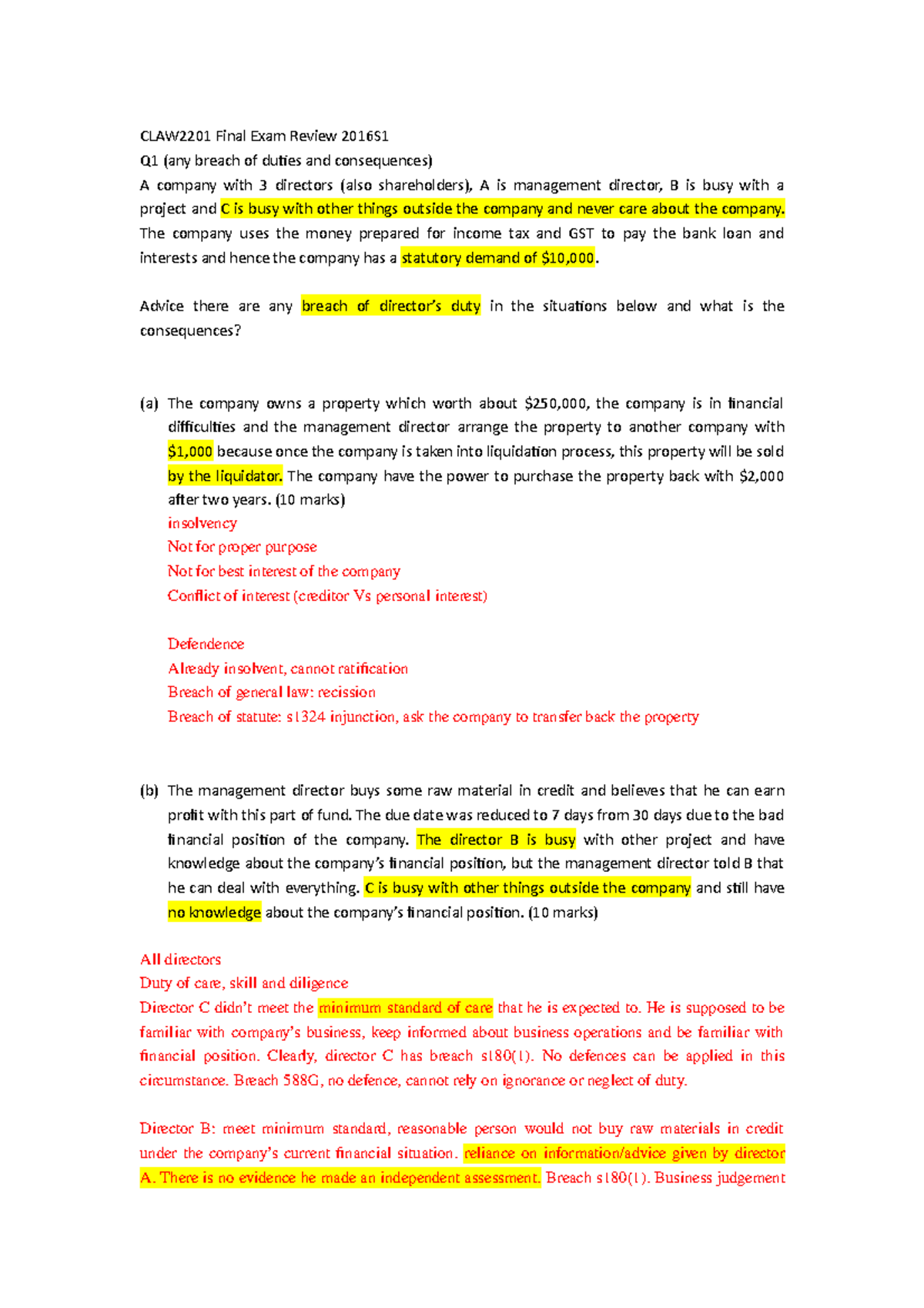 Claw final sample question - Corporations Law - CLAW2201 Final Exam ...