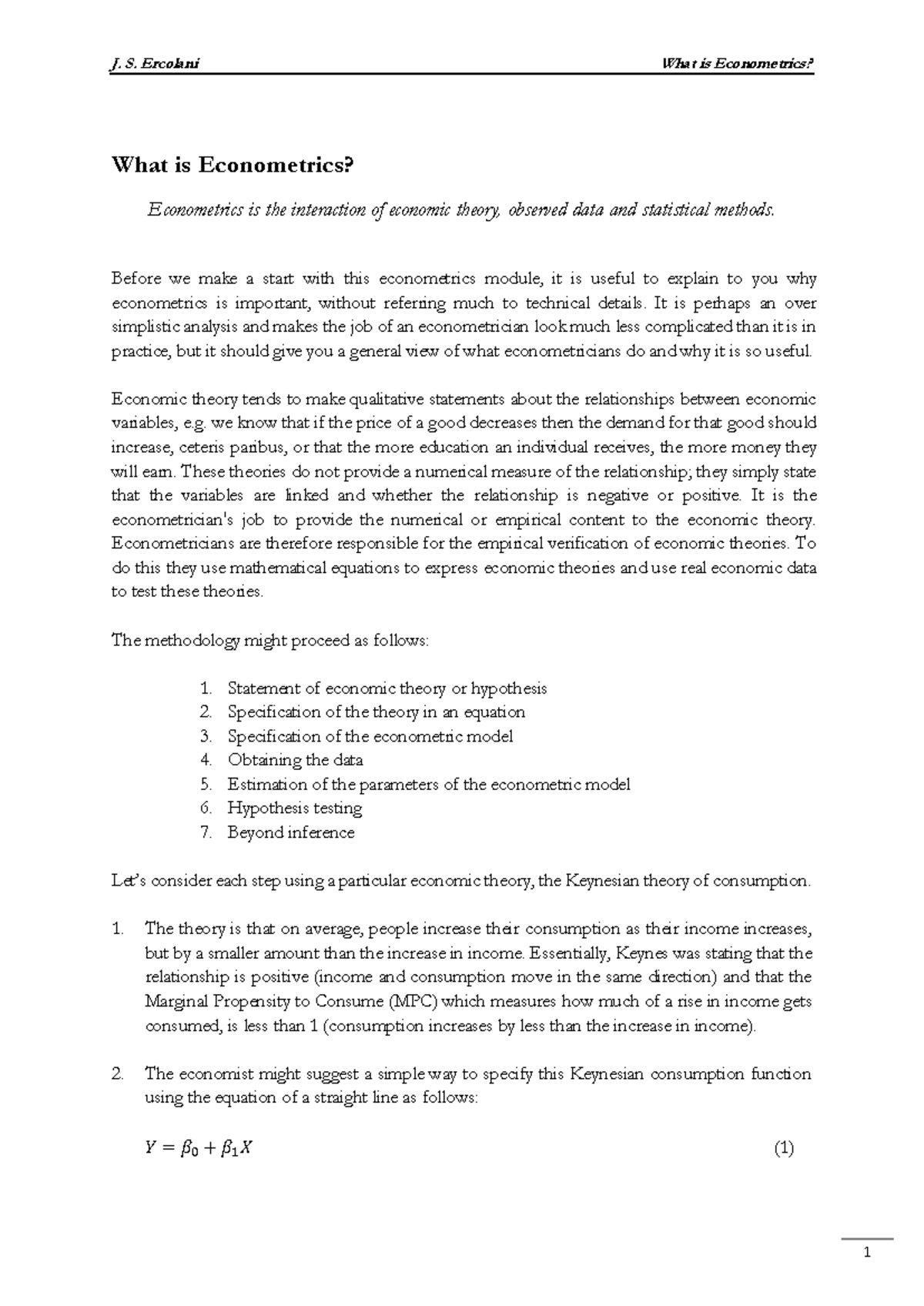 Statistical Concepts J S Ercolani What Is Econometrics What Is Econometrics Econometrics