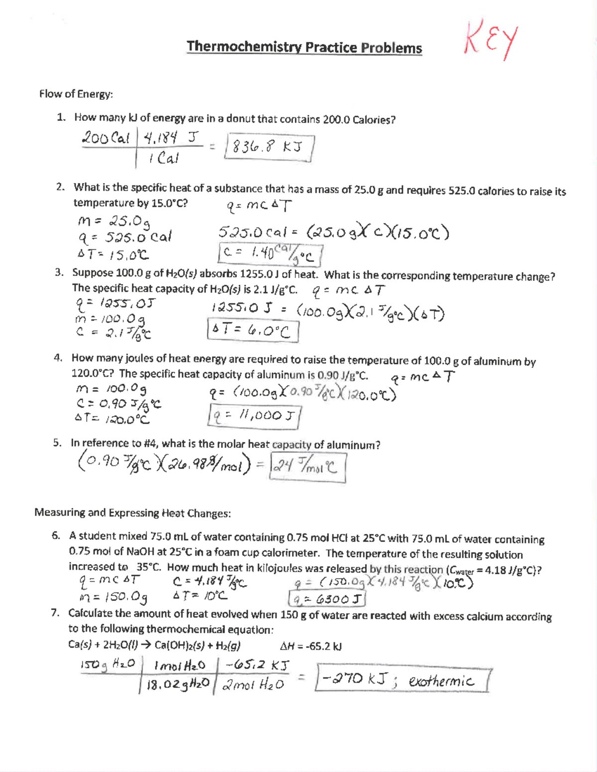 Che1000 Thermochemistry Practice Problems Introduction To Mathematics