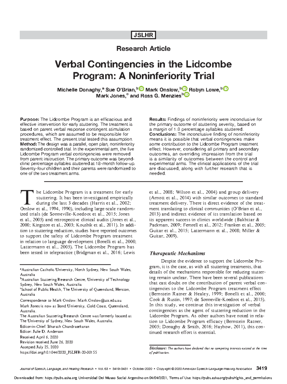 Verbal Contingencies in the Lidcombe Program A Noninferiority Trial ...