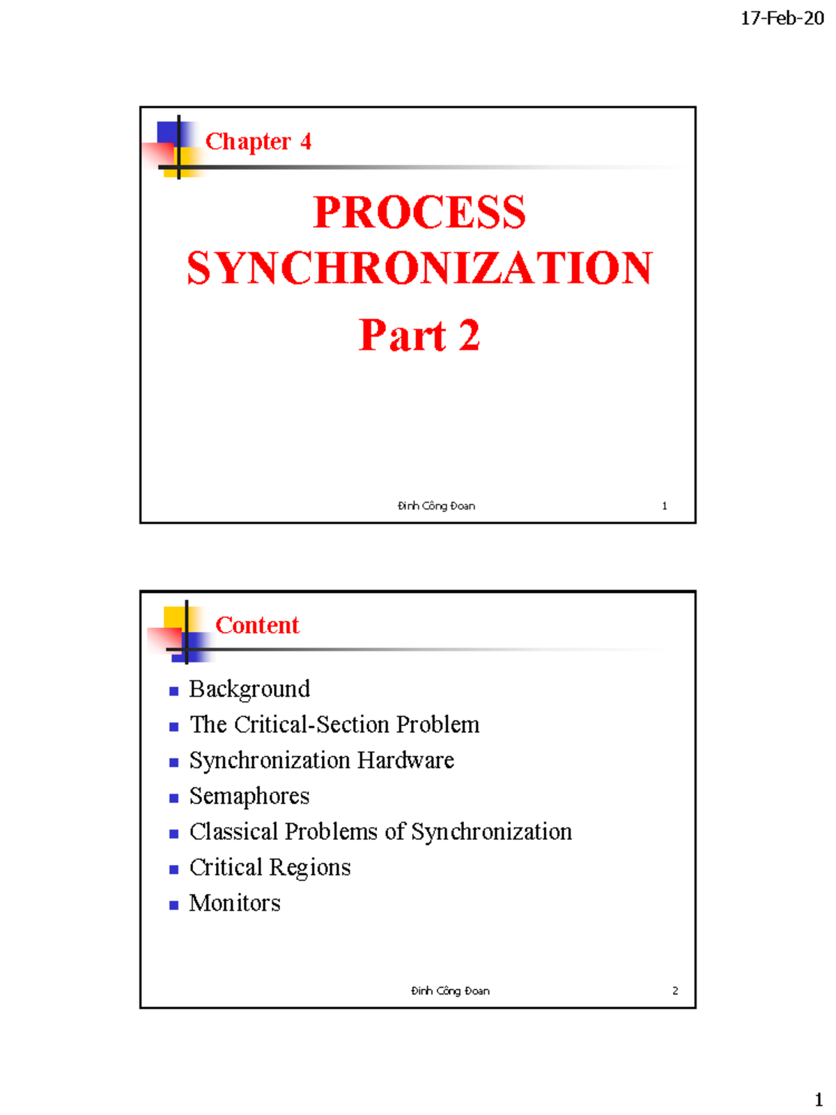 C6-Memory-Management - PROCESS SYNCHRONIZATION Part 2 Chapter 4 Đinh Công Đoan 1 Content - Studocu