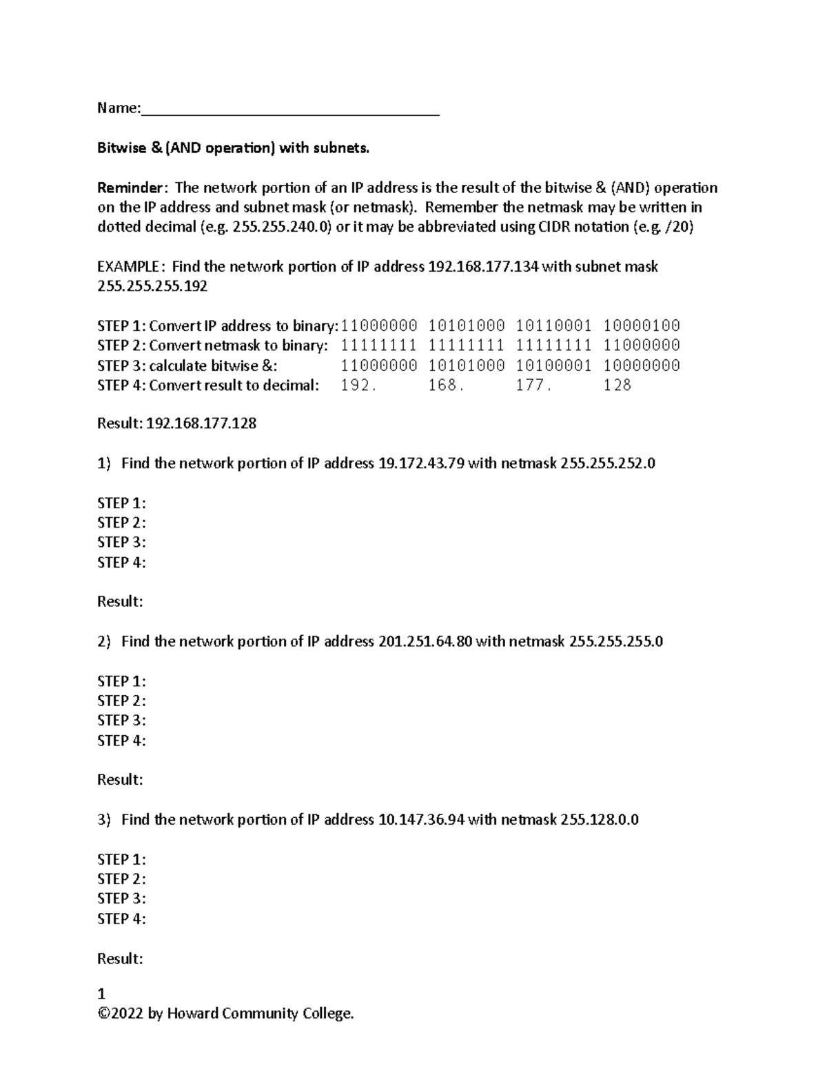 Binary AND with subnets-1 - Name:_____________________________________ Bitwise & (AND operation ...