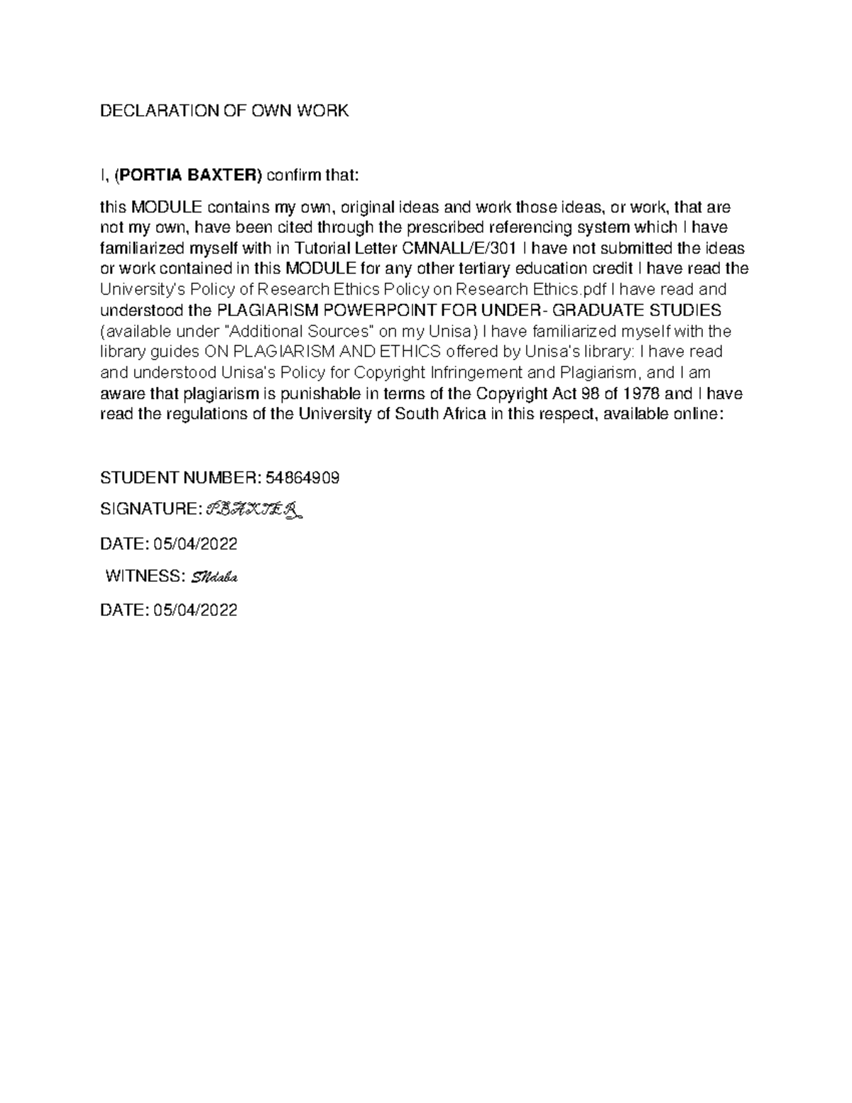 2603 Assignment 2 answers - DECLARATION OF OWN WORK I, (PORTIA BAXTER) confirm that: this MODULE ...