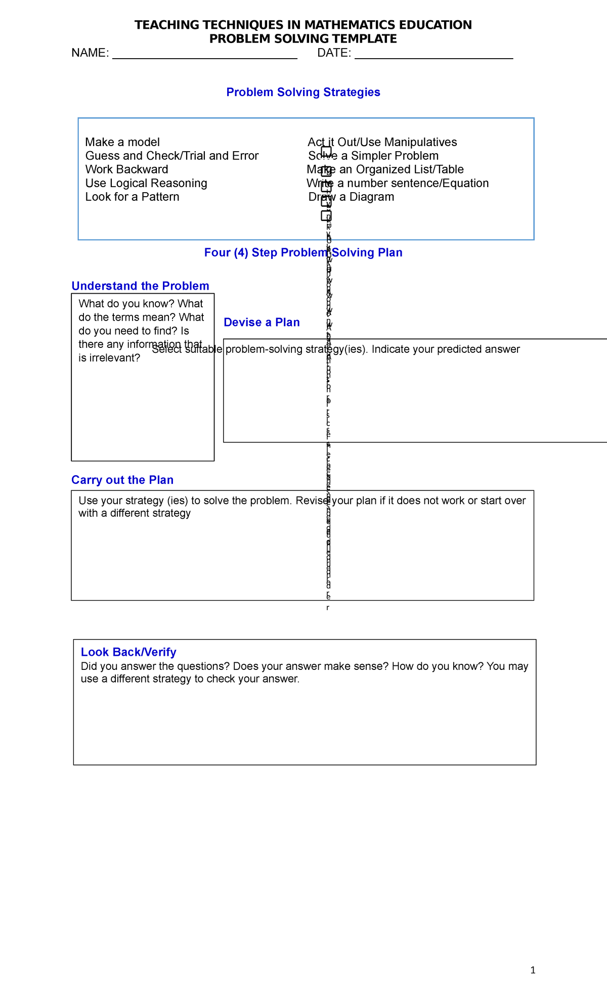 Polyas 4 Step Problem Solving Template Teaching Techniques In Mathematics Education Problem