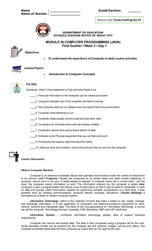 Module IN Programming-Module 2-Q1-WK2-DAY2 - Name of Teacher : ______________________ DEPARTMENT ...