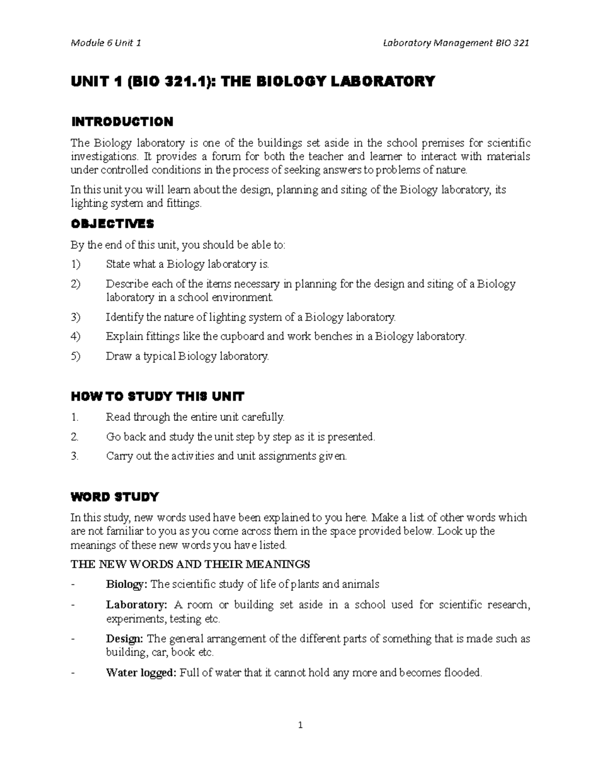 BIO 321 UNIT 1 - Biology Laboratory I - UNIT 1 (BIO 321. 1 ): THE ...