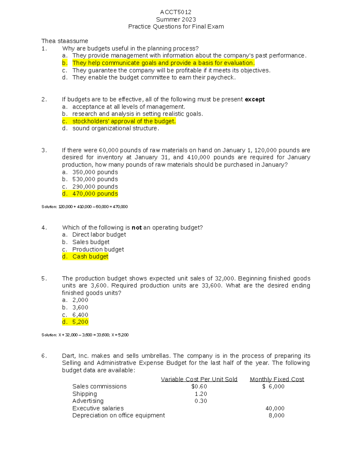 Practice Questions for Final Exam with Answers - Summer 2023 Practice ...