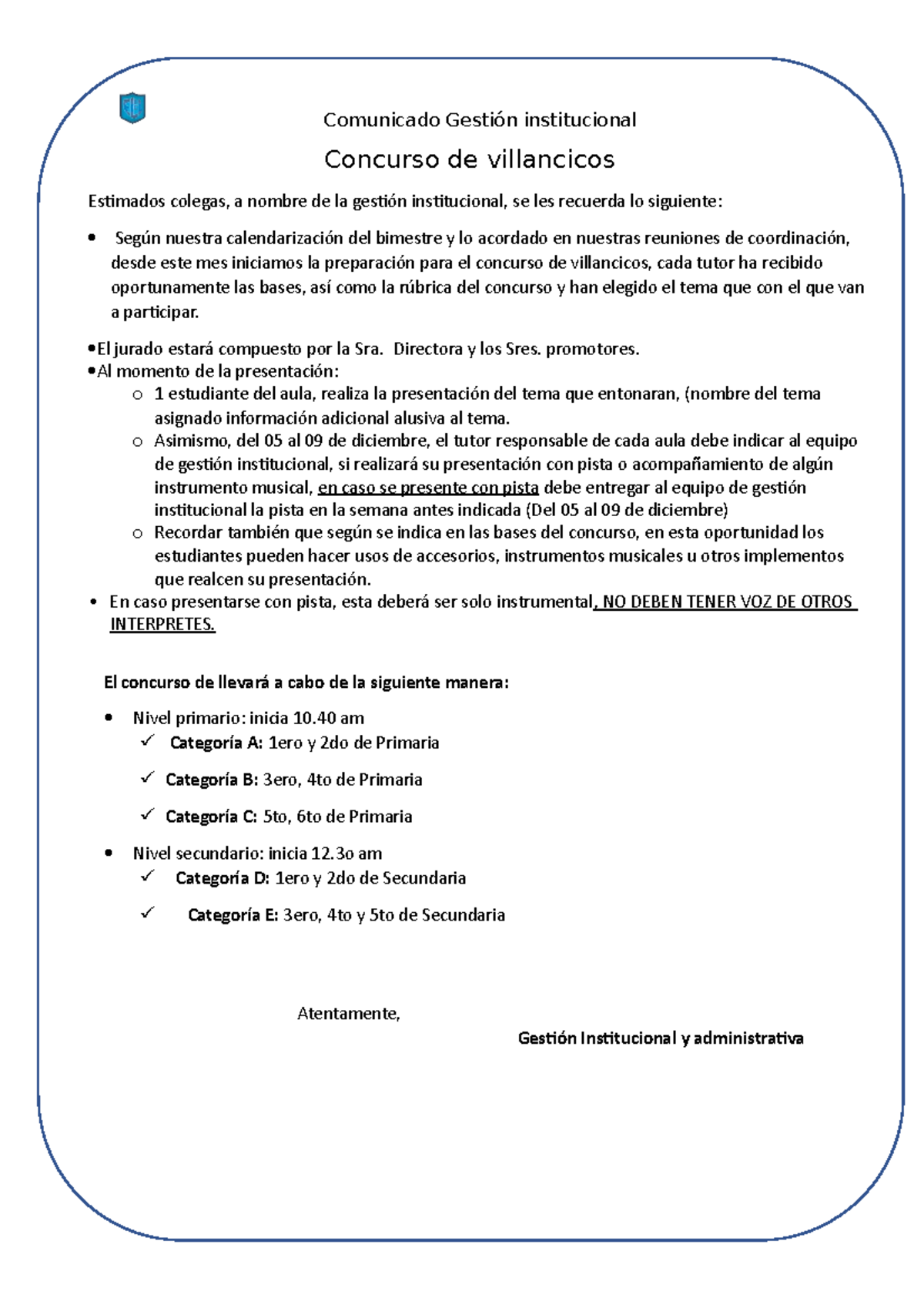 Comunicado gestión institucional - Concurso DE Villancicos - Comunicado ...