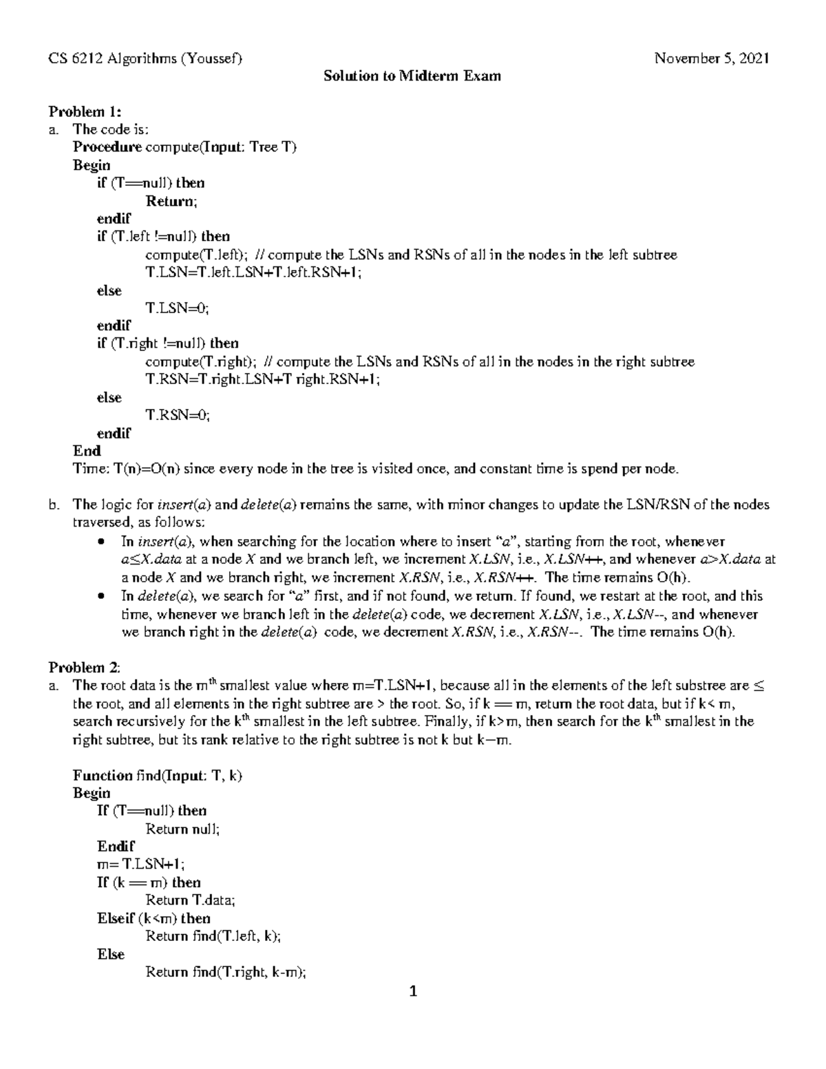 Csci 6212 Midterm Solution 2021 Cs 6212 Algorithms Youssef November 5 2021 Solution To 2523