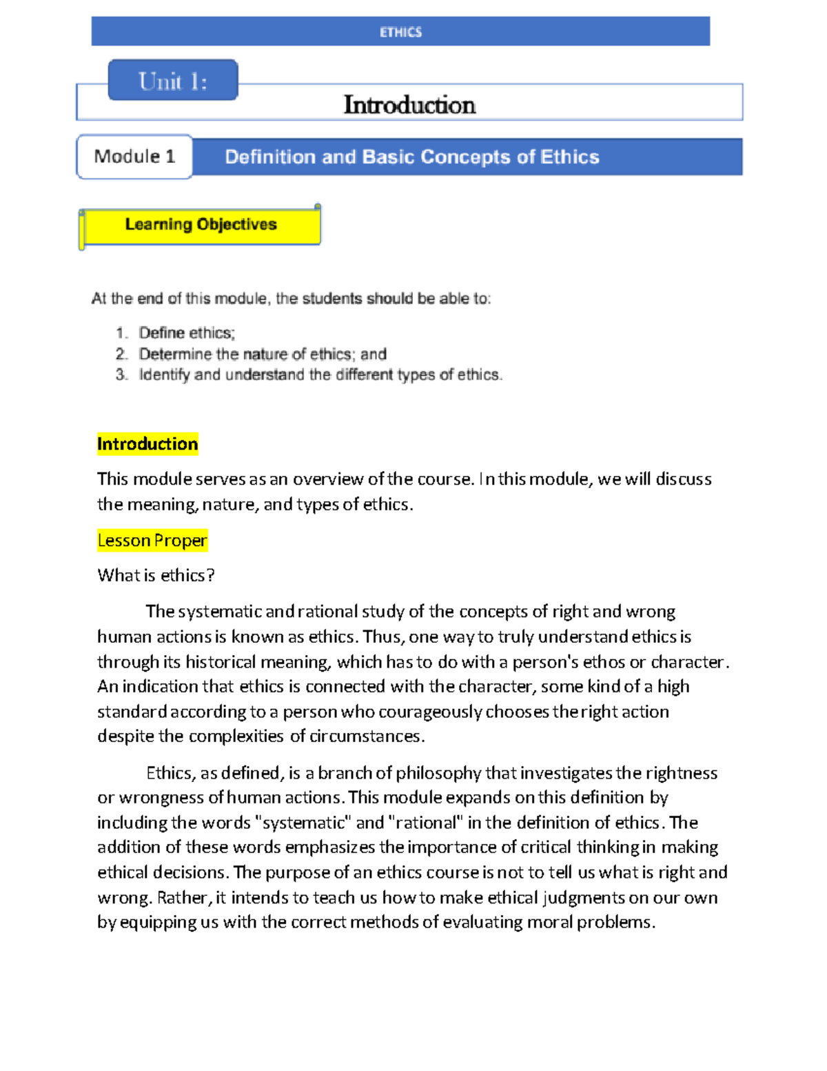 Definition and Basic Concepts of Ethics - Introduction This module ...