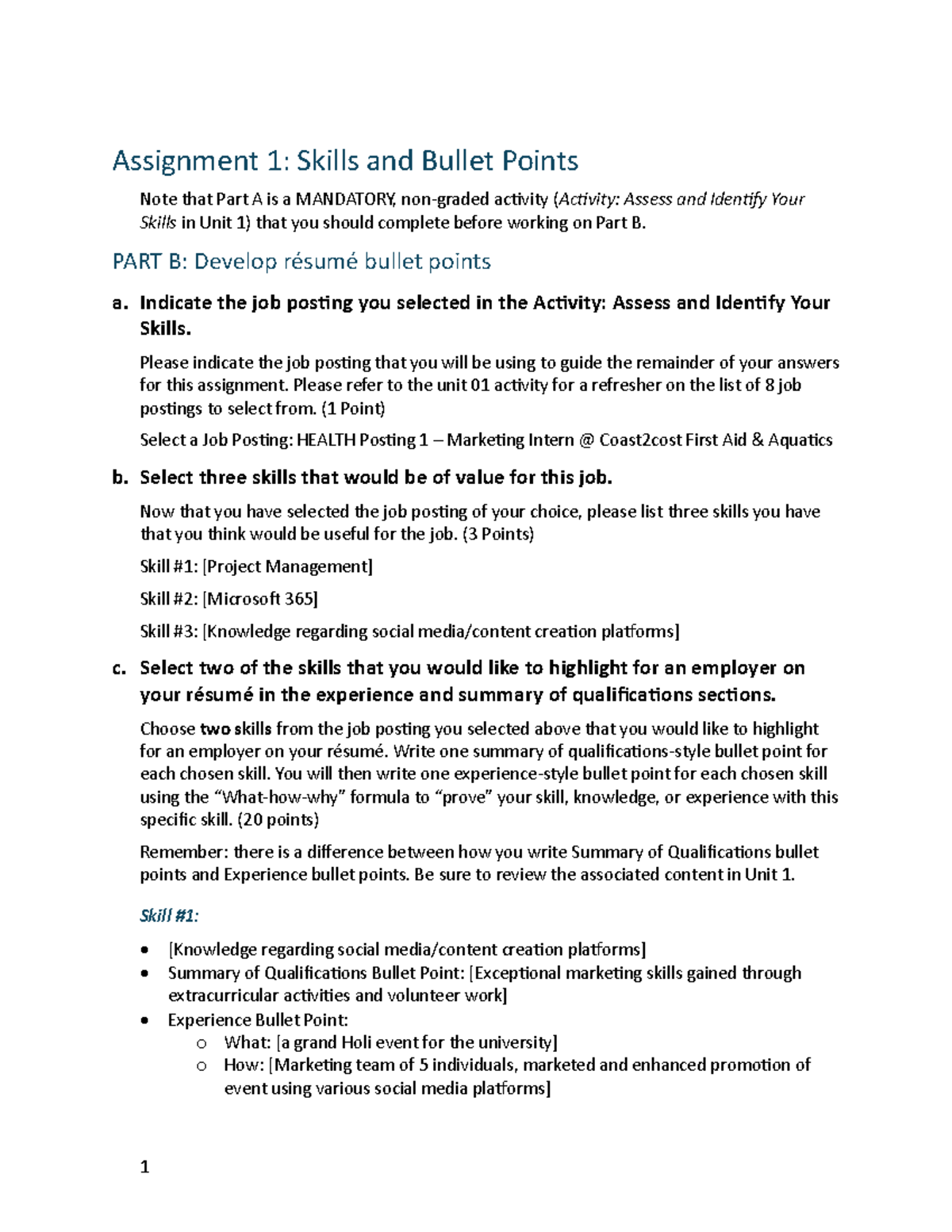 Assign 1 skills and bullet points - 1 Assignment 1 : Skills and Bullet Points Note that Part A ...